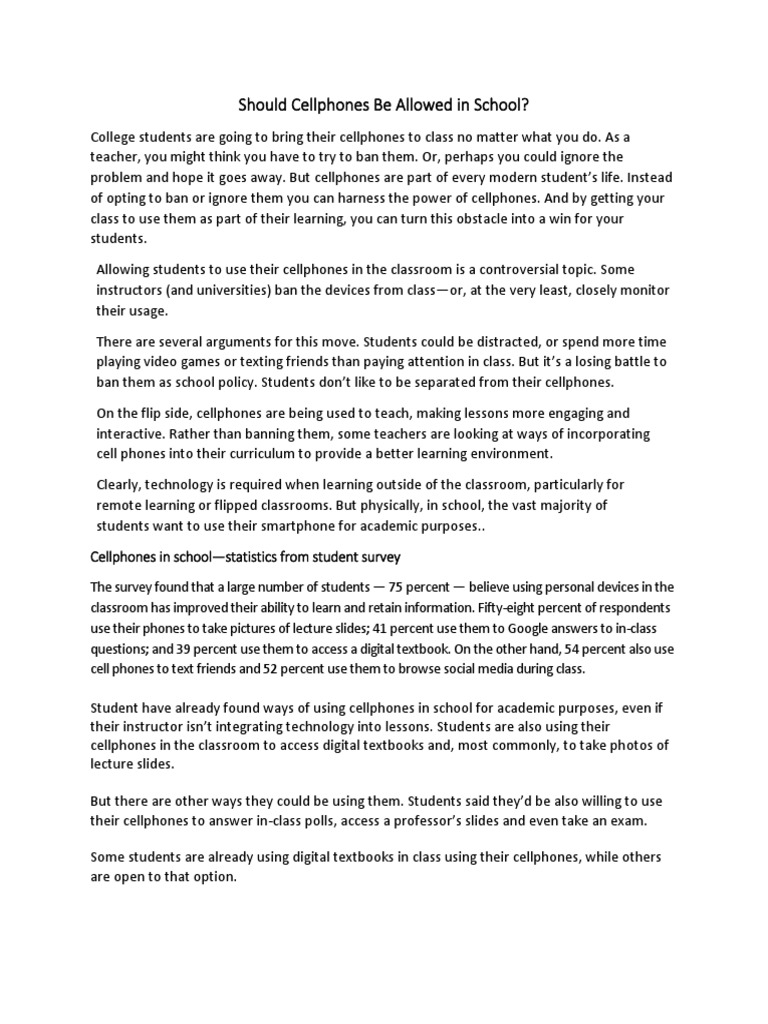Should Cellphones Be Allowed in School? | PDF | Mobile Phones | Classroom