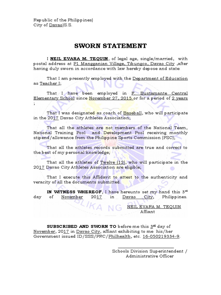 Sworn Statement: IN WITNESS WHEREOF, I Have Hereunto Set My Hand This 3 ...