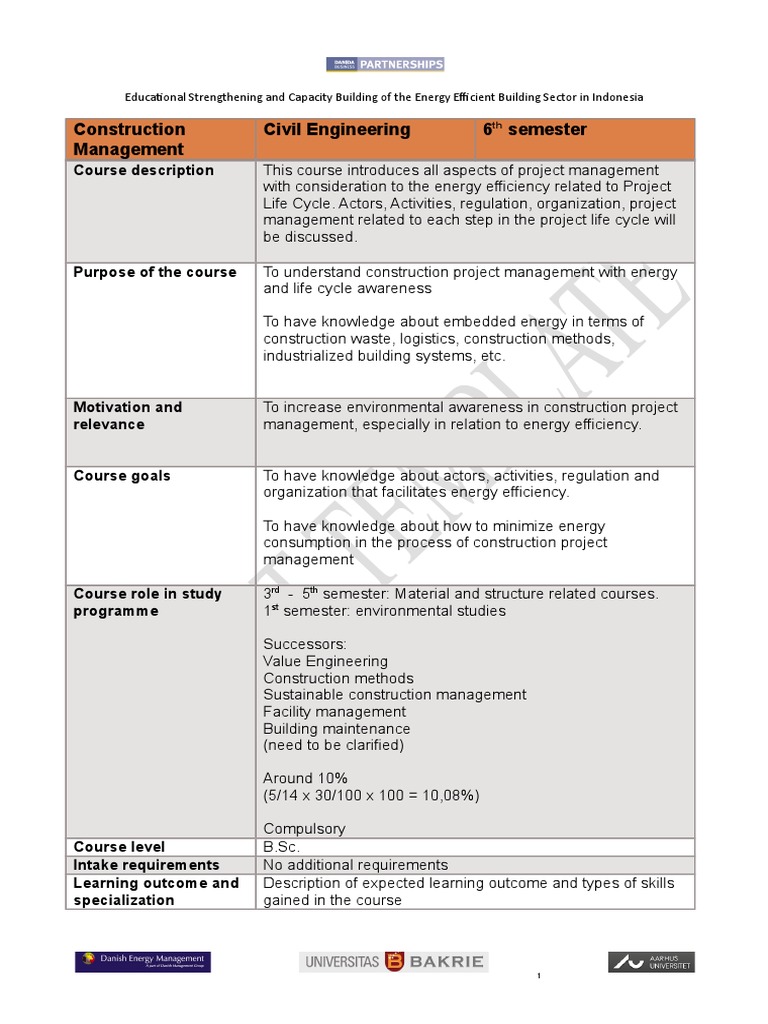 Construction Management Civil Engineering 6 Semester: Course ...