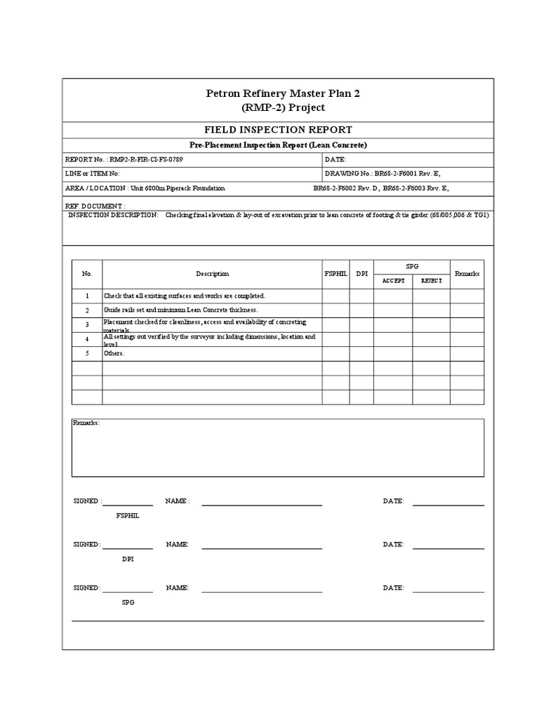 Pre-Placement Inspection Report (Lean Concrete) | PDF