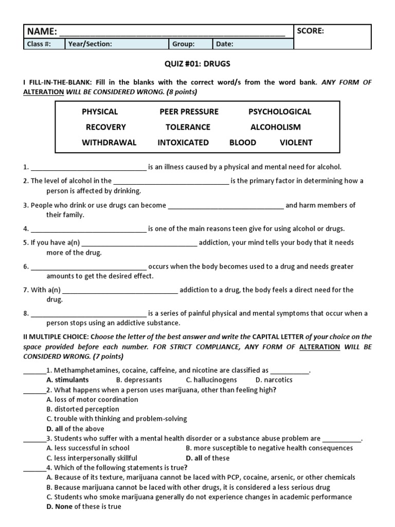 Health 9 2nd Quiz #01 Drugs | PDF | Substance Abuse | Alcoholism