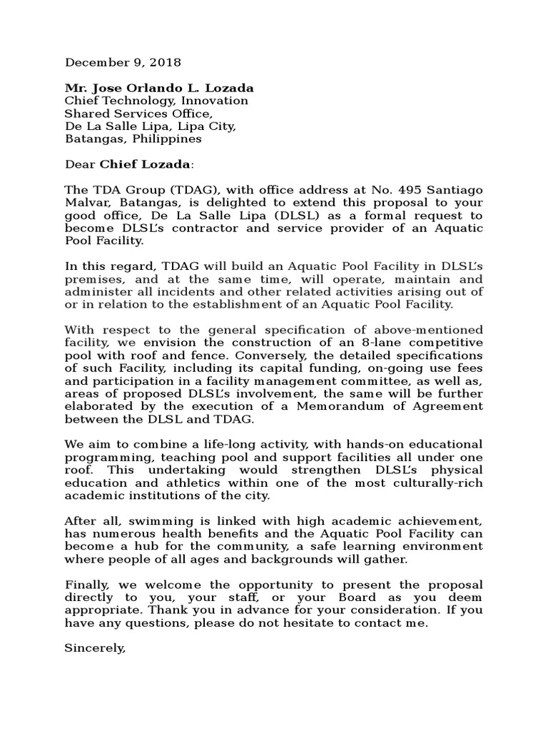 Proposal Letter-Aquatic Pool Facility | PDF