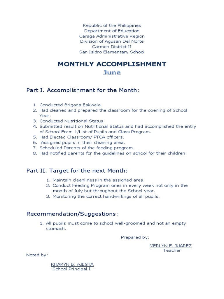 Monthly Accomplishment: Part I. Accomplishment for the Month | Learning ...