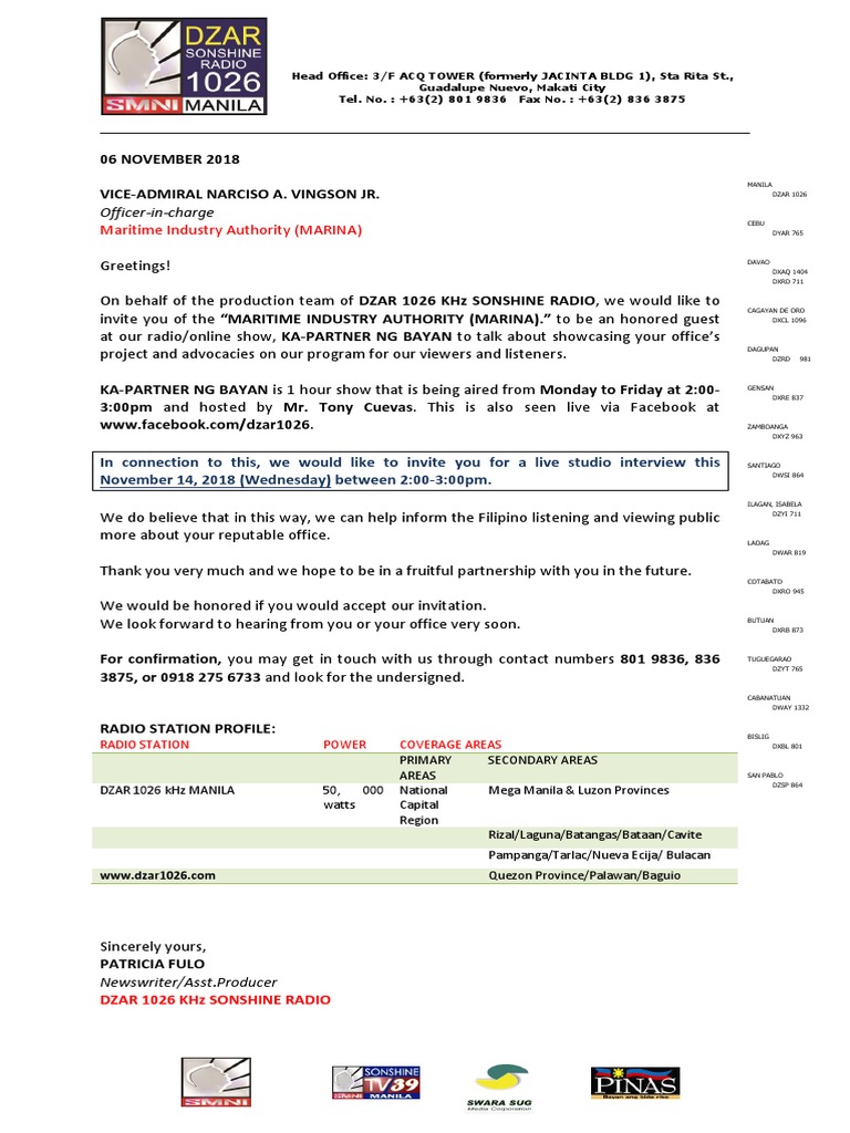 Marina Invitation Letter | PDF | Philippines