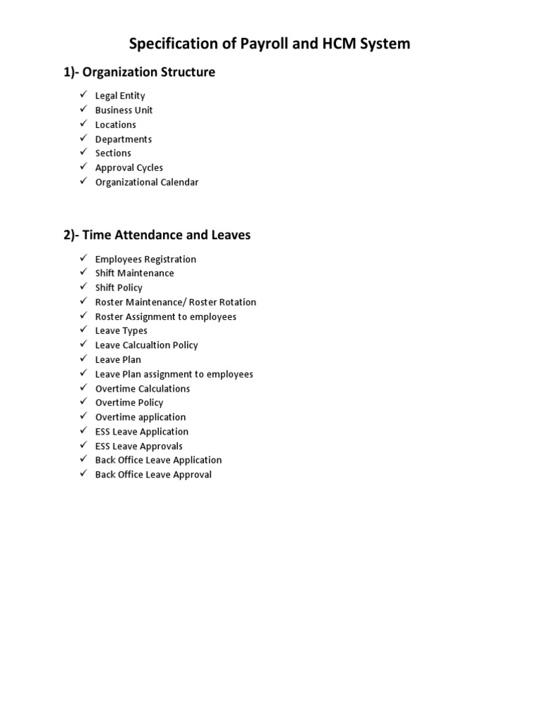 Specification of Payroll and HCM System: 1) - Organization Structure ...