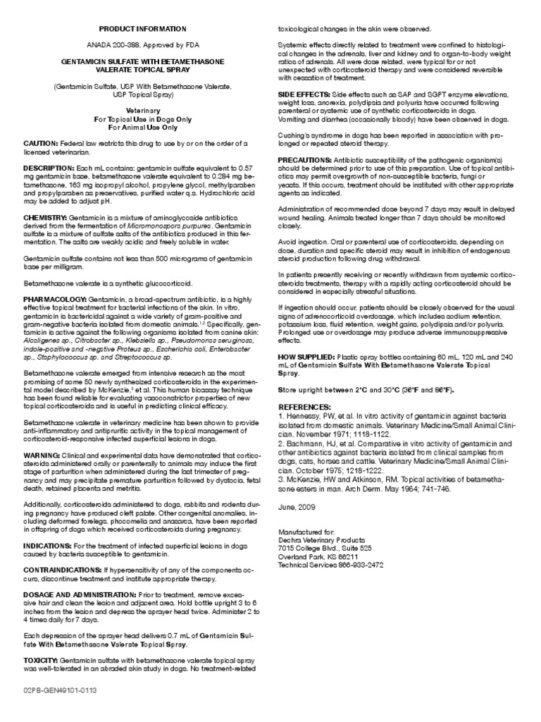 Gentacalm Spray for Dogs: Uses & Info | PDF | Corticosteroid | Drugs