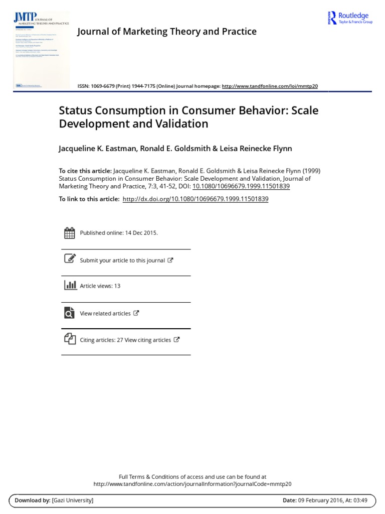 Status Consumption in Consumer Behavior: Scale Development and Validation | PDF | Cronbach's ...