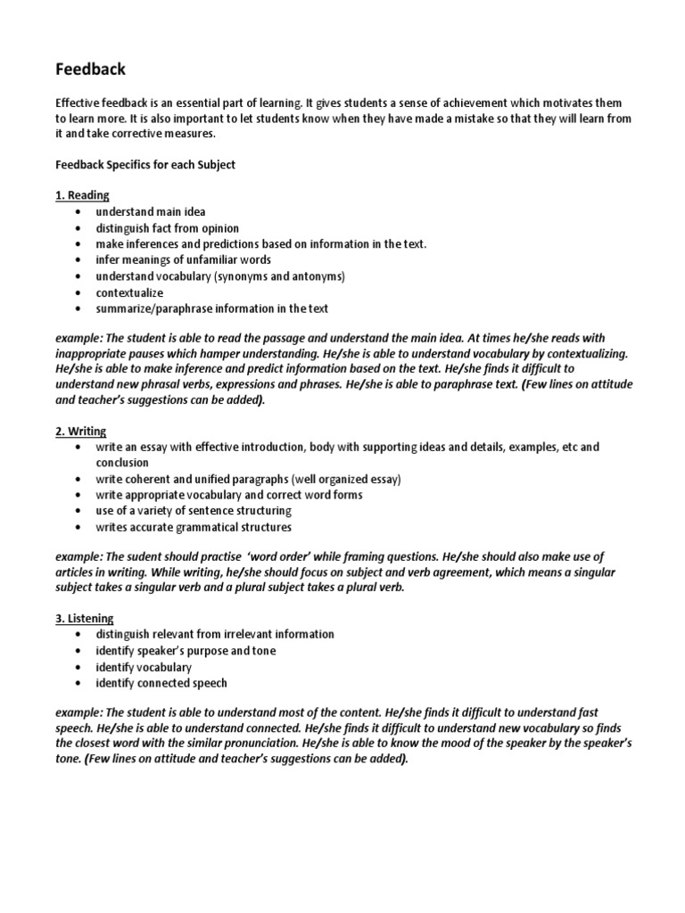 Feedback: Feedback Specifics For Each Subject 1. Reading | PDF | Verb ...