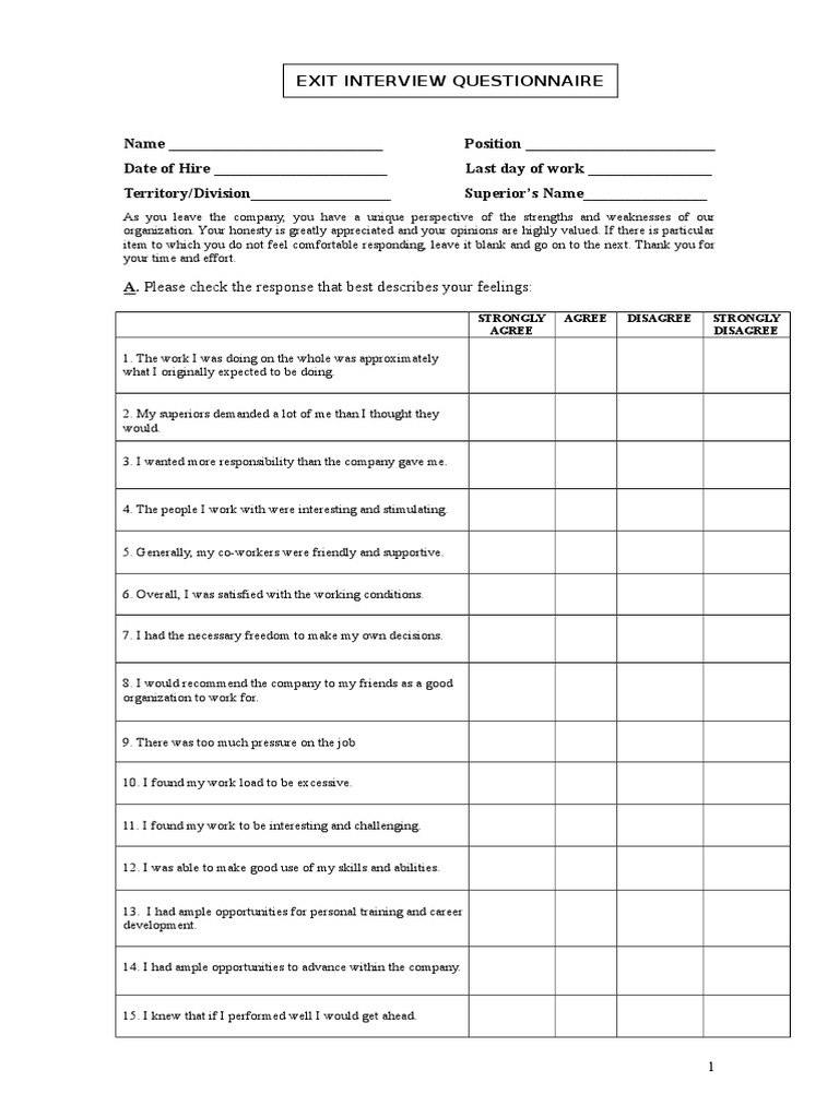 Exit Interview Questionnaire | PDF | Psychological Concepts | Behavioural Sciences