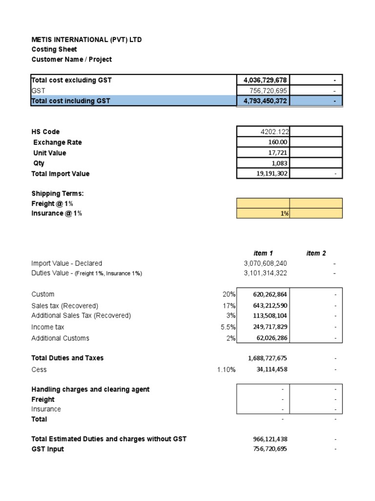 Costing Sheet for Metis International (Pvt) Ltd Detailing Import Costs ...