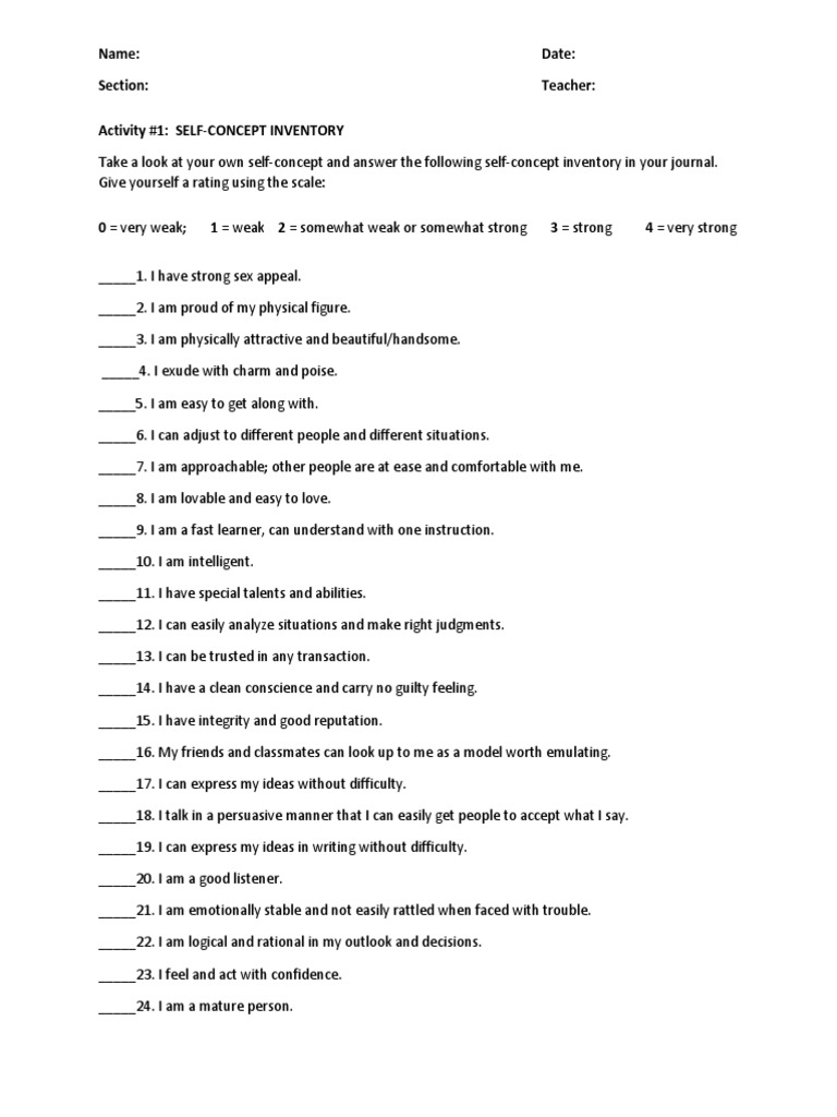SELF-CONCEPT INVENTORY.docx | Behavioural Sciences | Psychology