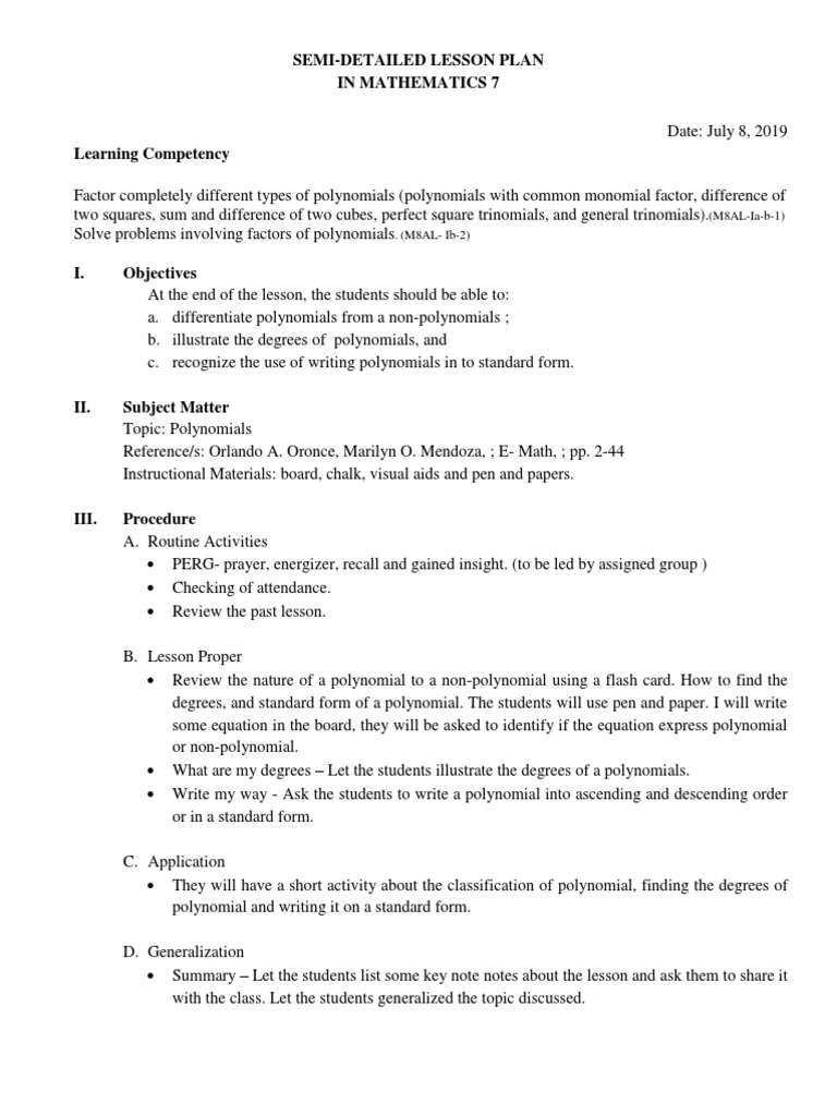 Lesson Plan Math 7 Polynomials | PDF | Polynomial | Factorization