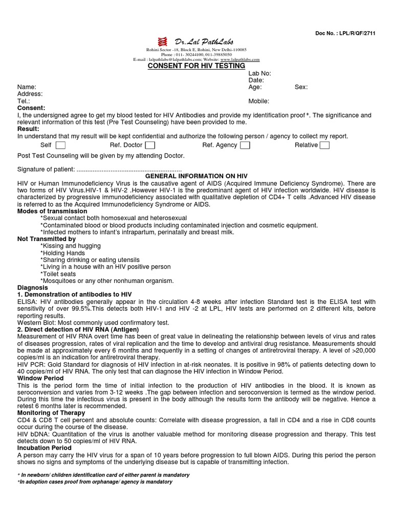 Consent For HIV Testing | PDF | Diagnosis Of Hiv/Aids | Hiv/Aids