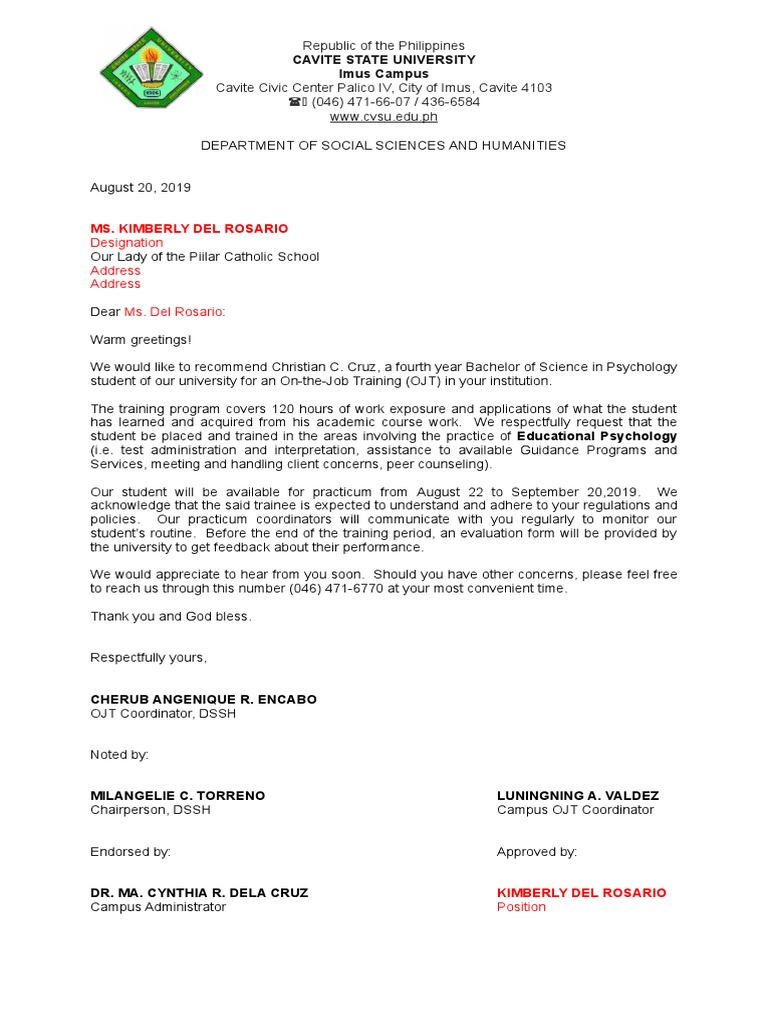 Recommendation Letter Cvsu | PDF | Learning | Behavior Modification