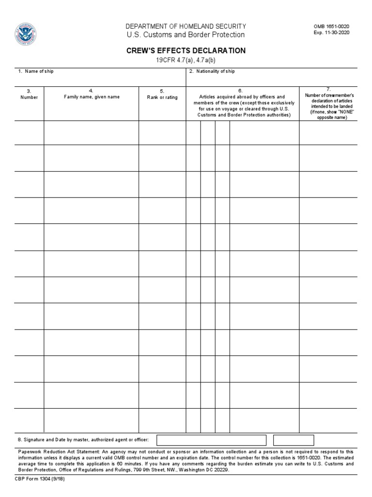 Crew'S Effects Declaration: U.S. Customs and Border Protection | PDF