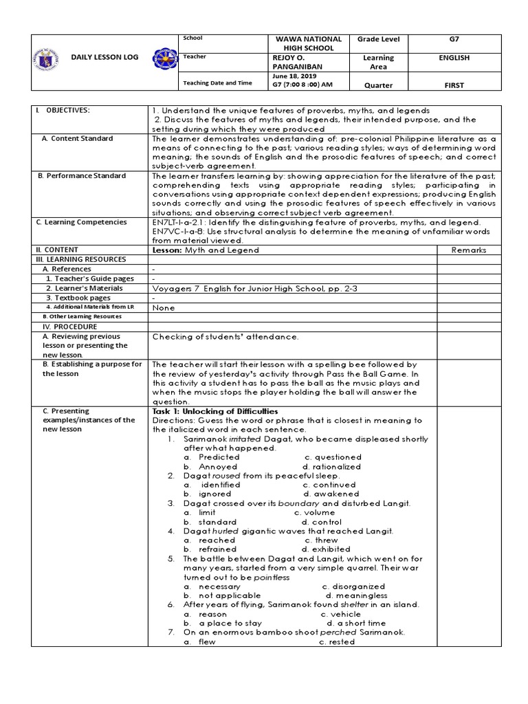 Grade 7 Myths and Legends Lesson Plan | PDF | Teachers | English Language