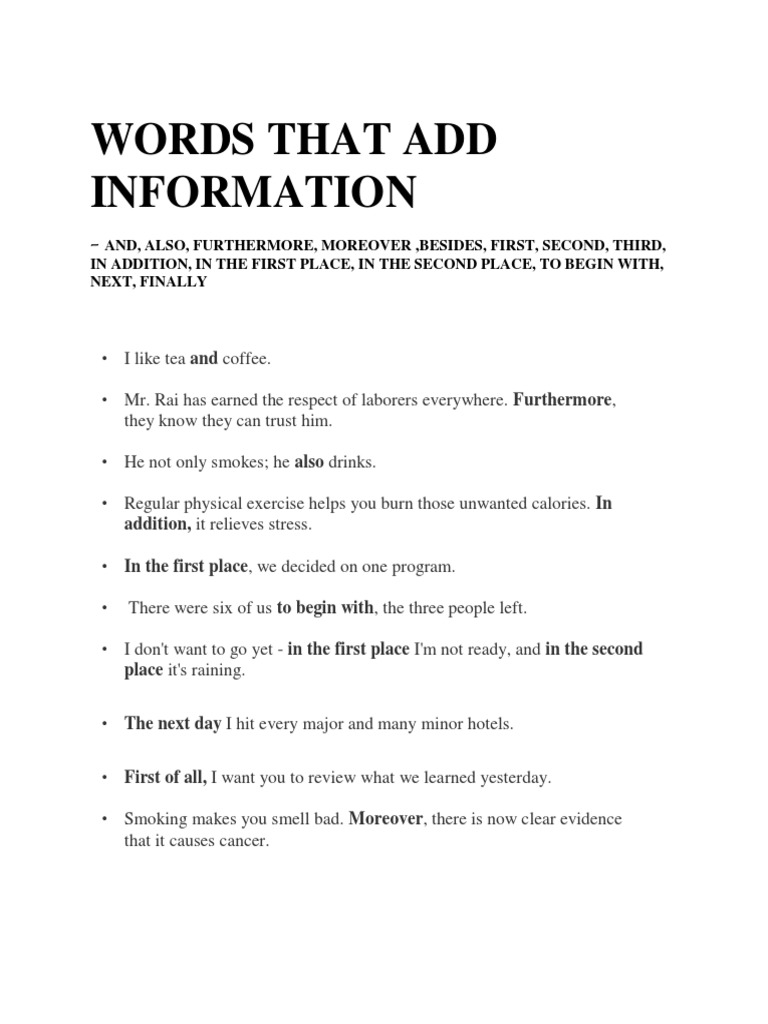 Words That Add Information: - And, Also, Furthermore, Moreover, Besides ...