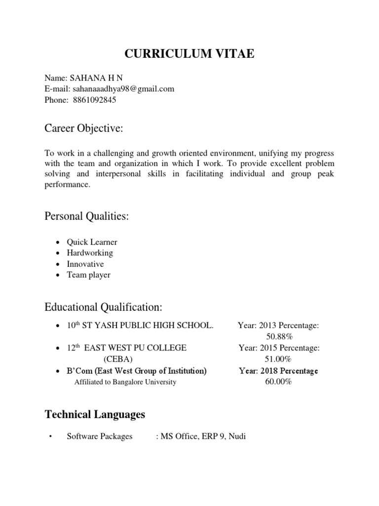 Curriculum Vitae: Career Objective | PDF
