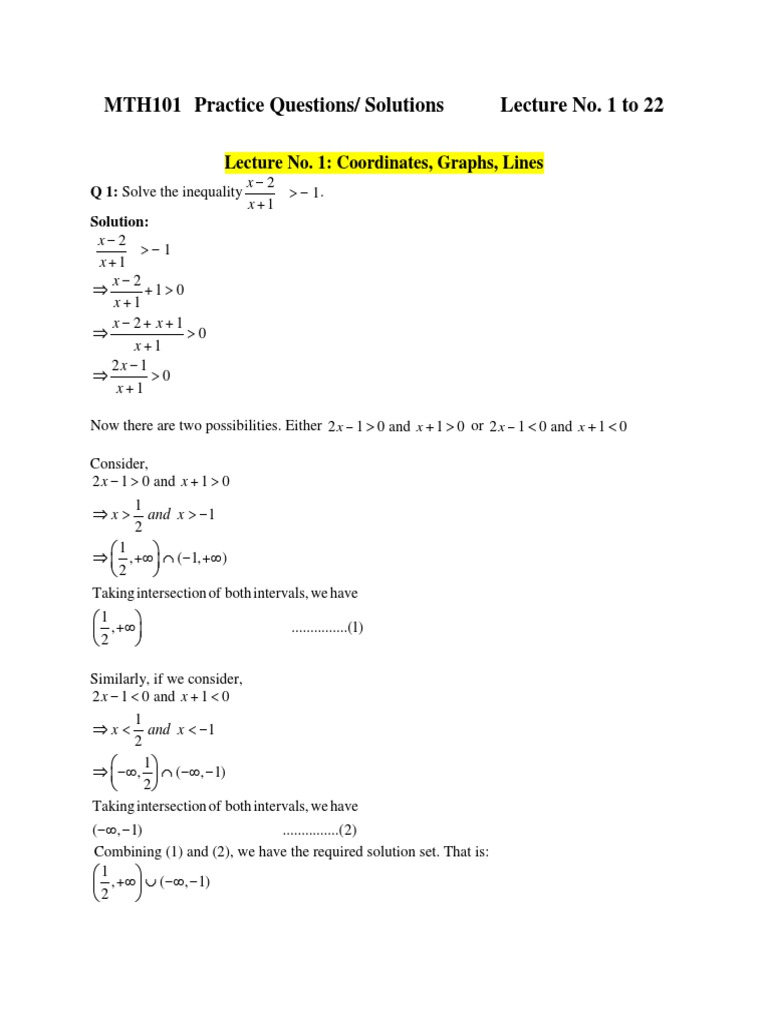 MTH101 Practice Qs Solutions Lectures 1 To 22 PDF | Download Free PDF | Function (Mathematics ...