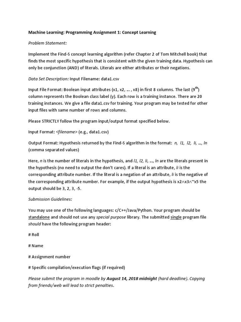 Machine Learning: Programming Assignment 1: Concept Learning | PDF