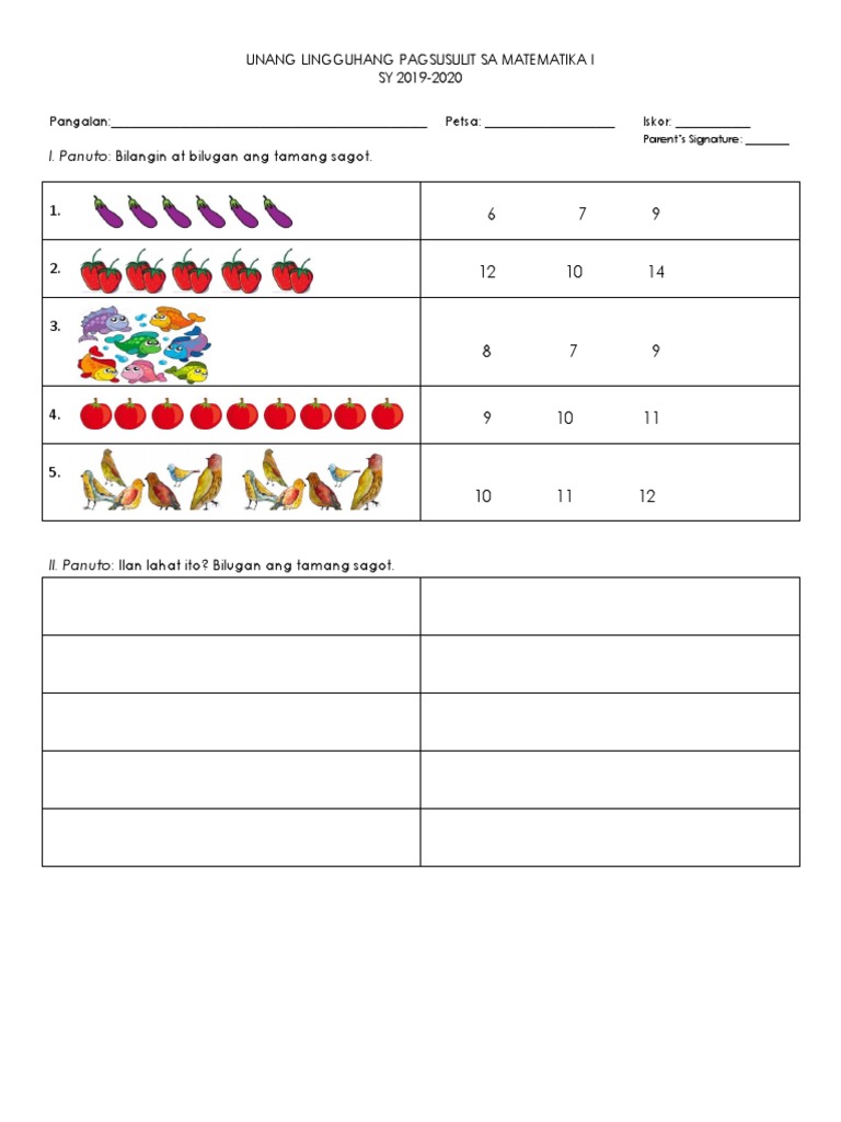 Unang Lingguhang Pagsusulit Sa Matematika I | PDF