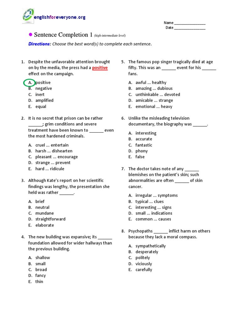 Sentence Completion | PDF | Psychiatry | Diseases And Disorders