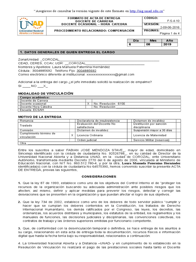 FORMATO ACTA ENTREGA DEL CARGO.doc | Servicio Civil | Gobierno | Prueba ...