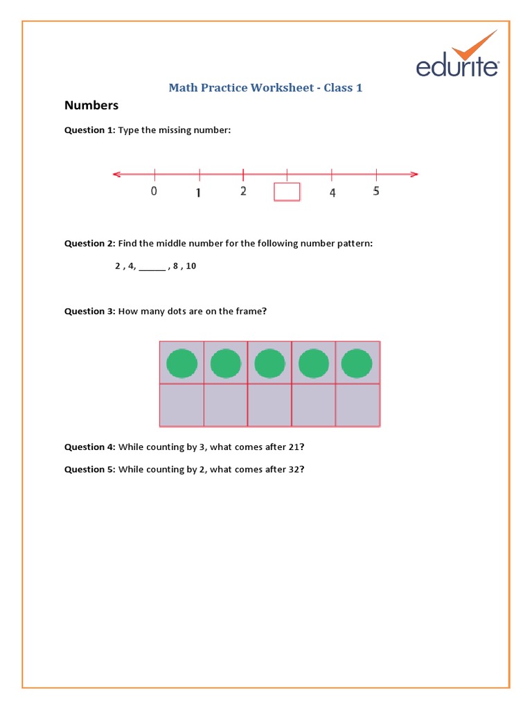 Numbers: Math Practice Worksheet - Class 1 | PDF