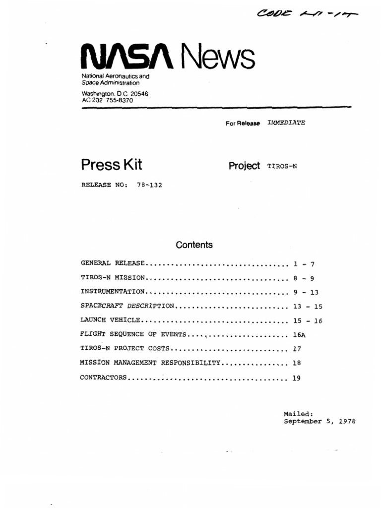 Tiros-N Press Kit | PDF | Satellite | Atmosphere Of Earth