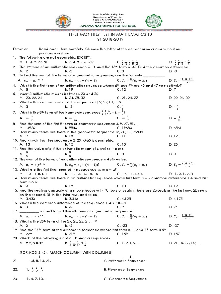 First Monthly Test in Mathematics 10 SY 2018-2019: ST TH | Download ...