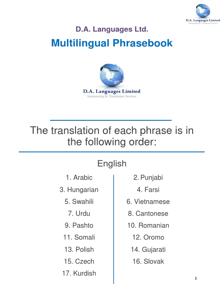Multilingual Phrasebook: The Translation of Each Phrase Is in The ...