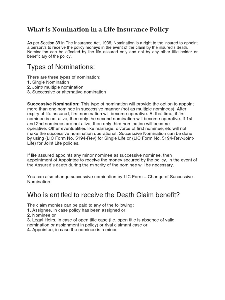 What Is Nomination in A Life Insurance Policy | PDF