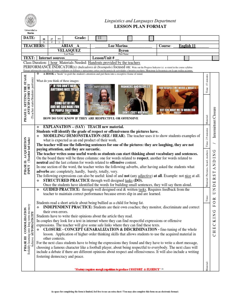 Linguistics and Languages Department: Lesson Plan Format | PDF ...