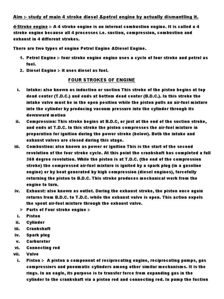 Disassembling and Studying the Four Stroke Cycle of a Diesel and Petrol ...