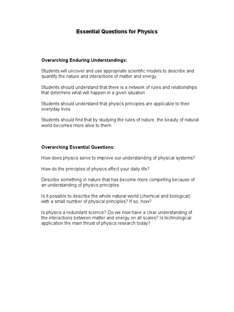 Essential Questions For Physics: Overarching Enduring Understandings ...