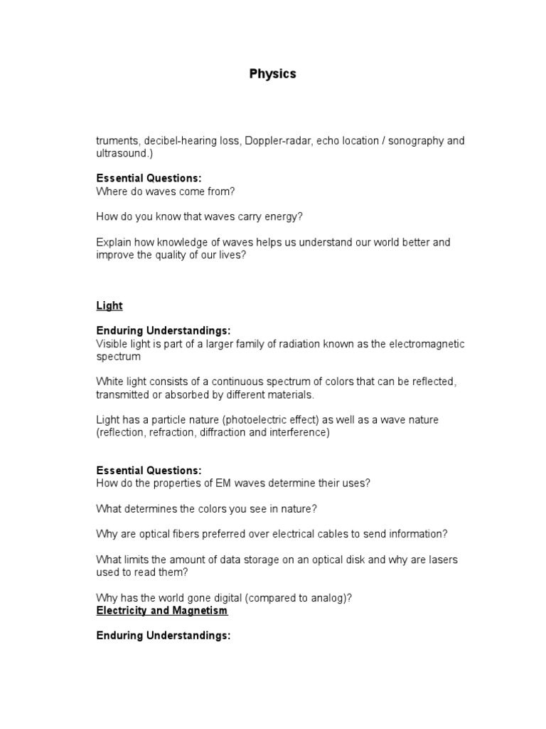 Physics: Essential Questions | PDF | Light | Atoms