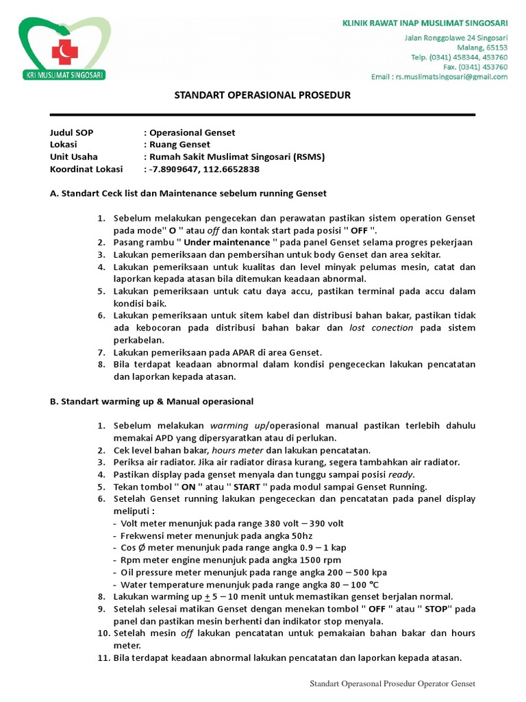 SOP Operator Genset | PDF