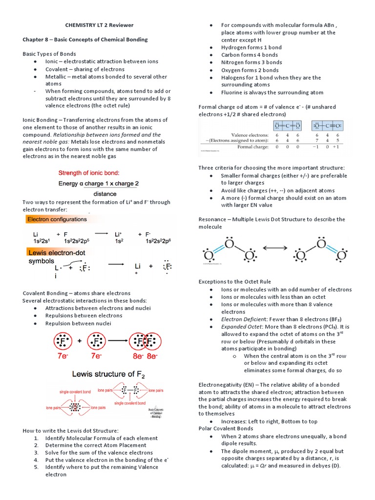 CHEMISTRY LT 2 Reviewer Chapter 8 - Basic Concepts of Chemical Bonding ...