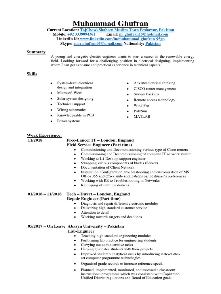 Muhammad Ghufran: Current Location: Mobile: Email: Linkedin Id: Skype | PDF | Solar Power ...
