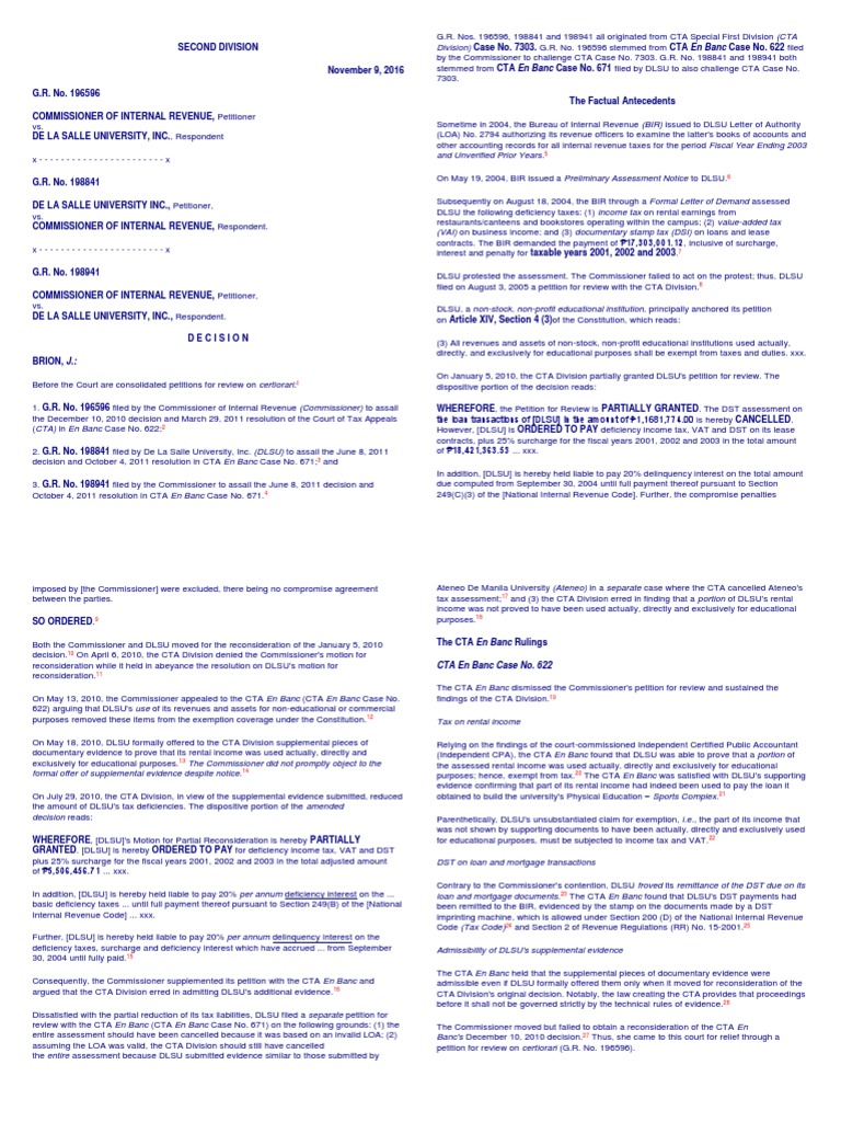 Division) Case No. 7303. G.R. No. 196596 Stemmed From CTA en Banc Case ...