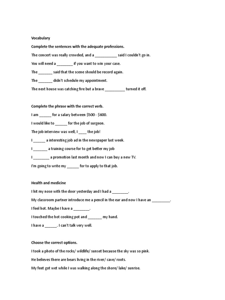 Vocabulary Complete The Sentences With The Adequate Professions | PDF