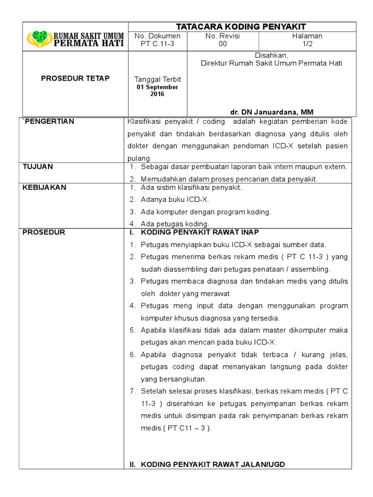 3 SOP Klasifikasi Penyakit Atau Koding Rawat Inap BLM Stor | PDF