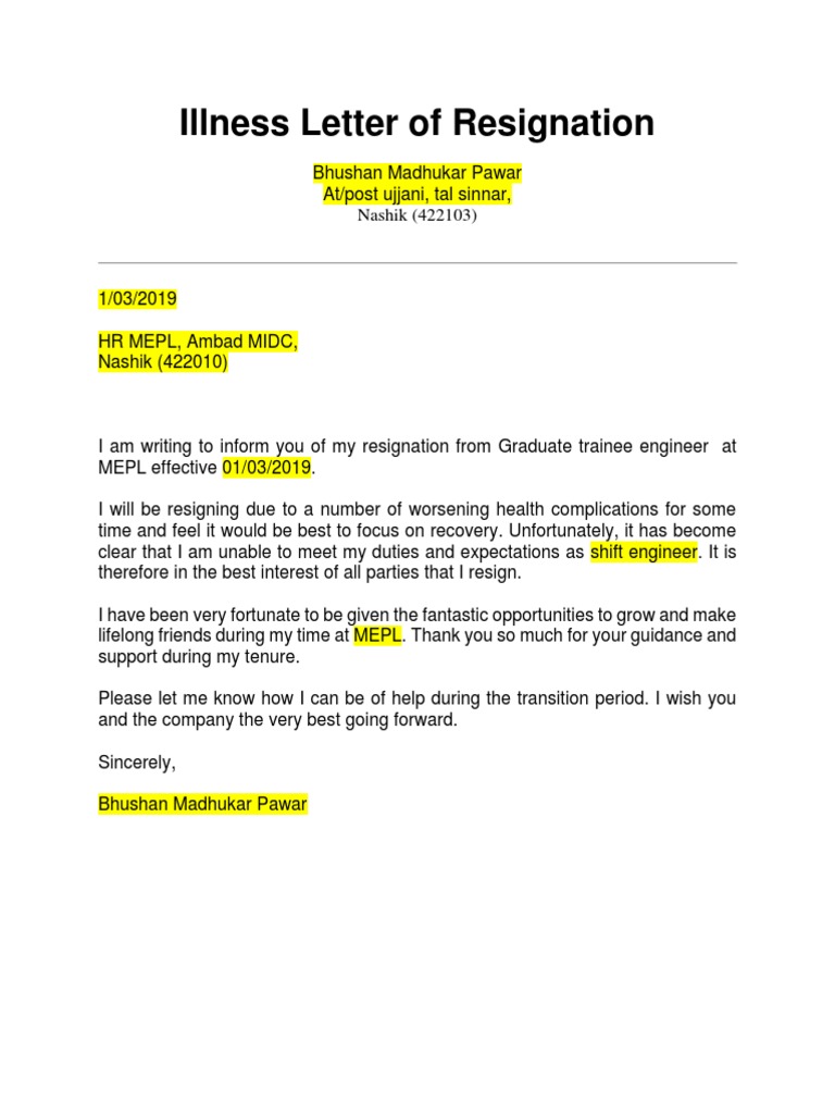 Illness Resignation Letter | PDF
