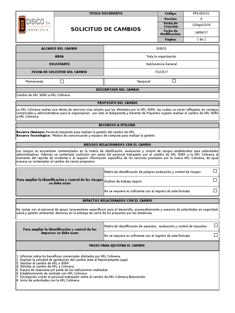Fps-003-01 Solicitud de Cambio - Cambio de Arl Colmena | PDF | Informática y tecnología de la ...