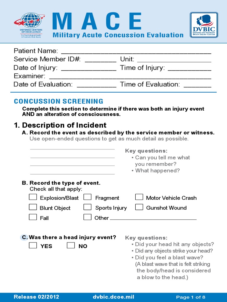 Military Acute Concussion Evaluation Pocket Card Feb2012 | PDF ...
