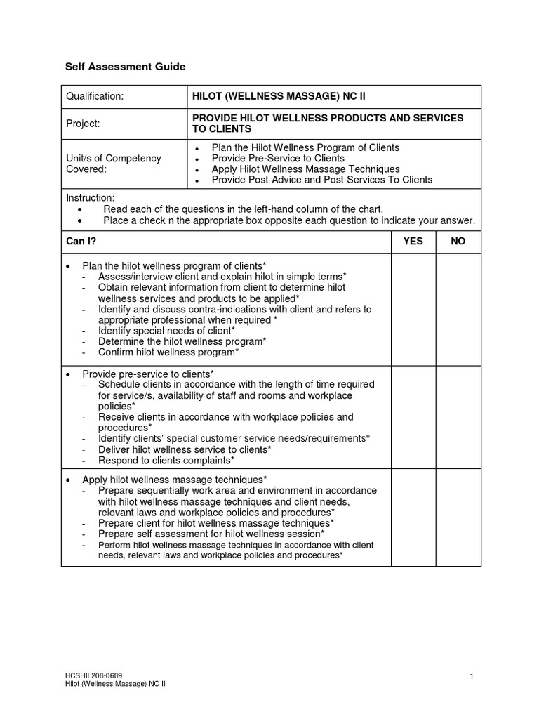 Hilot Wellness Massage Self-Assessment Guide | PDF | Massage | Customer