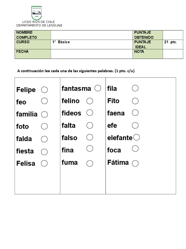 Lectura Palabras Con Letra F | PDF