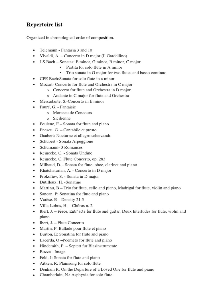Repertoire List: Organized in Chronological Order of Composition | PDF