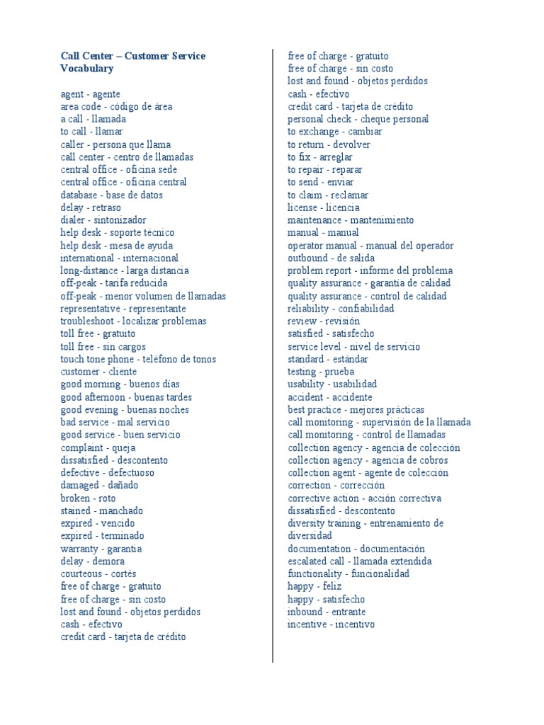 Call Center Vocabulary PDF | PDF | Centro de llamadas | Gestión de la ...