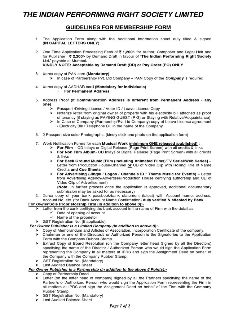 The Indian Performing Right Society Limited: Guidelines For Membership ...